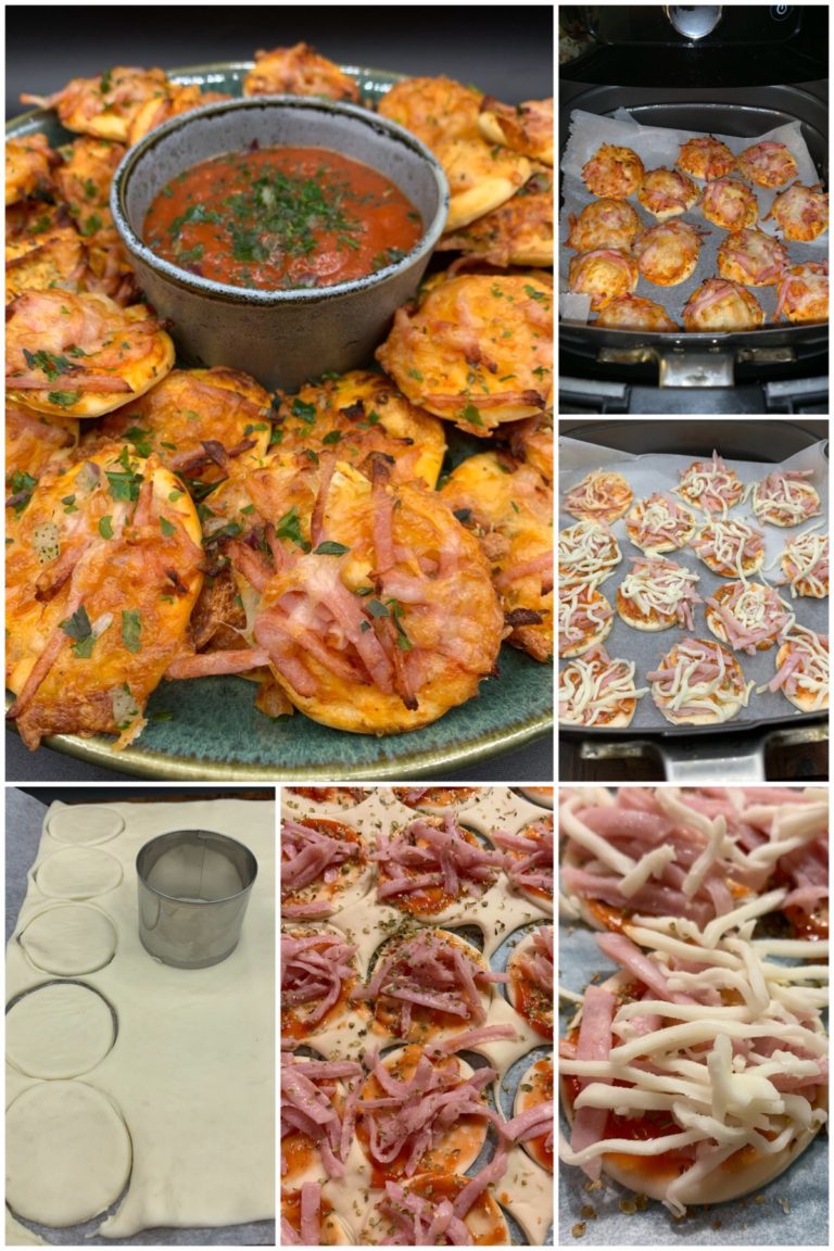 Mini pizza snacks med skinke, tomat og mozzarella - Airfryeropskrifter.dk