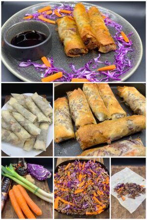 Hjemmelavede forårsruller med hakket oksekød, spidskål, ingefær og ...